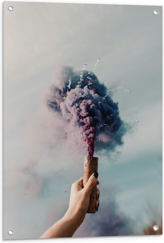 Tuinposter – Paarse Rook uit Rookbom in Mensenhand - 60x80 cm Foto op ...