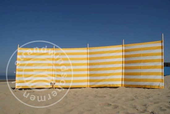 Strand Windscherm Geel - Wit - 5 meter Sterk Dralon met 2 Delige Houten ...
