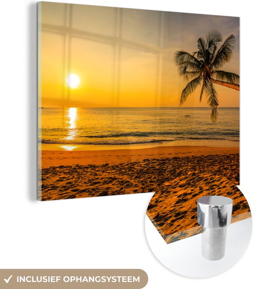 Glasschilderij - Kamer decoratie - Palmboom - Zee - Zon - Strand - Foto op glas -... | bol