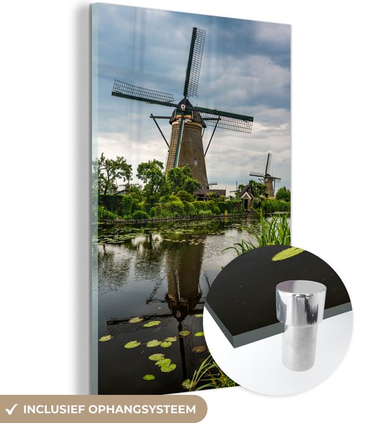 MuchoWow® Glasschilderij 40x60 cm - Schilderij acrylglas - Molen - Bloemen - Water -... | bol