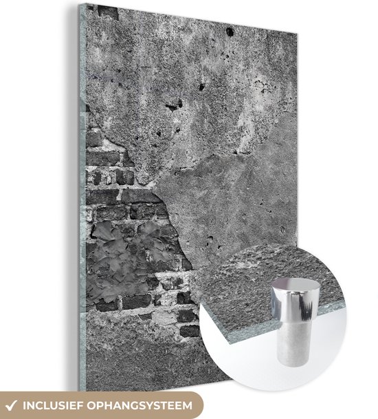 Glasschilderij zwart wit - Muur - Baksteen - Cement - Beton - Zwart ...
