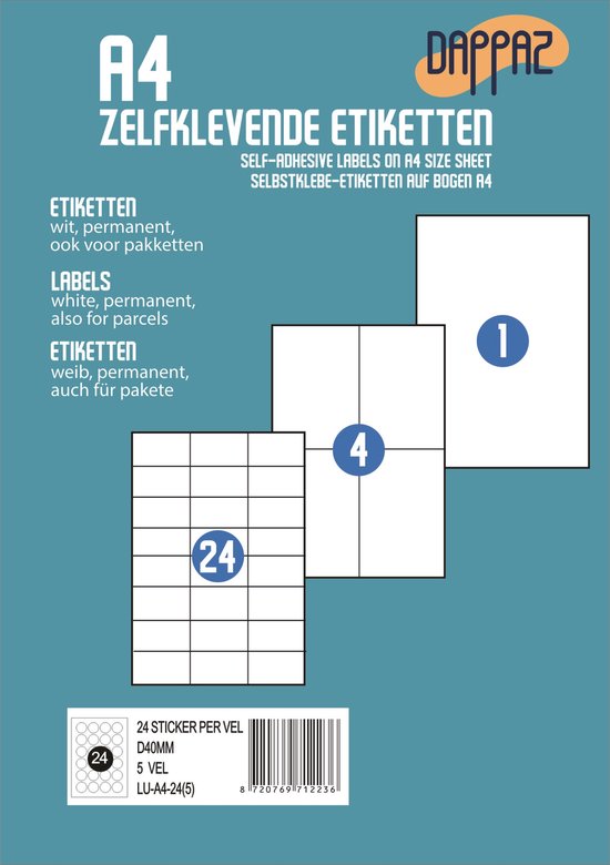 5 stuks Stickervellen A4 Printetiketten ROND Wit 40 mm - 24 Ronde ...