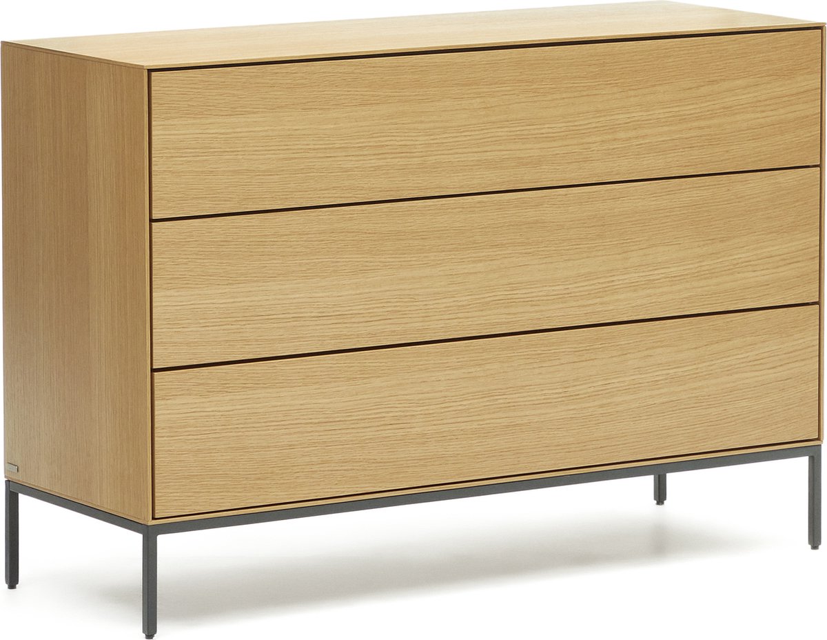 Kave Home - Vedrana ladekast met 3 laden in eikenfineer met zwarte ...