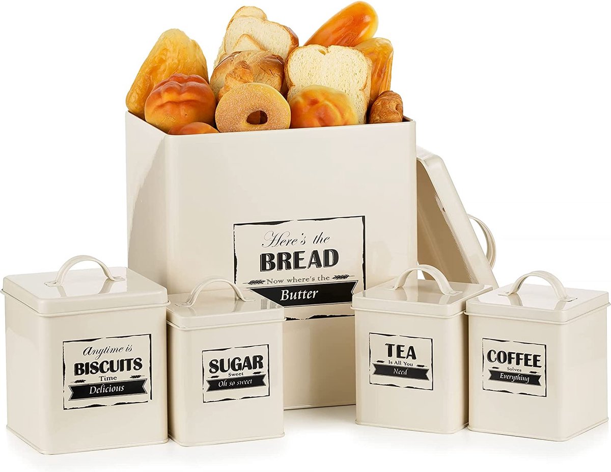 Broodbak Set Keuken Canister: 5 stuks Retro Metalen Opbergpot Crème ...