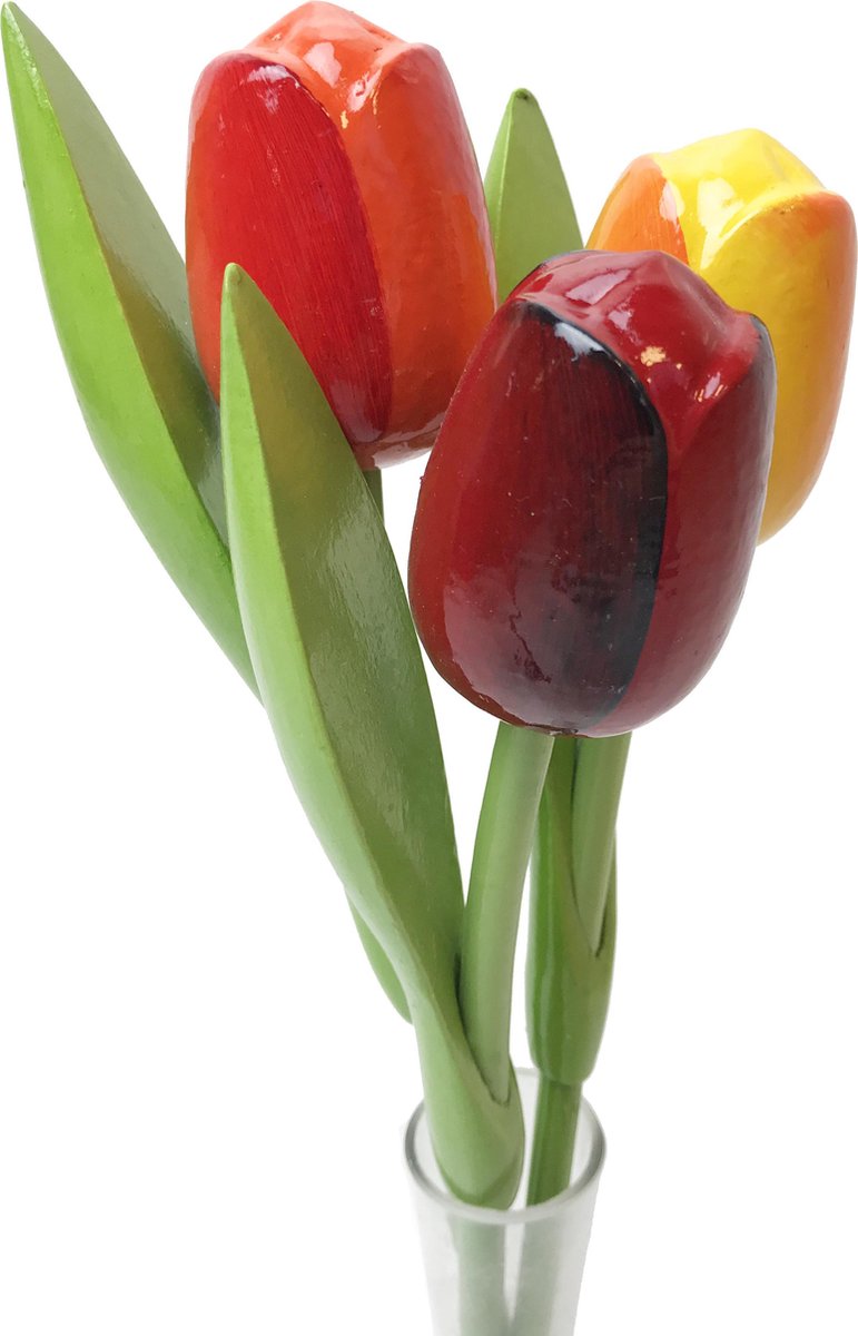 Houten Tulp set - 3 tulpen met vaasje - rood oranje geel | bol.com
