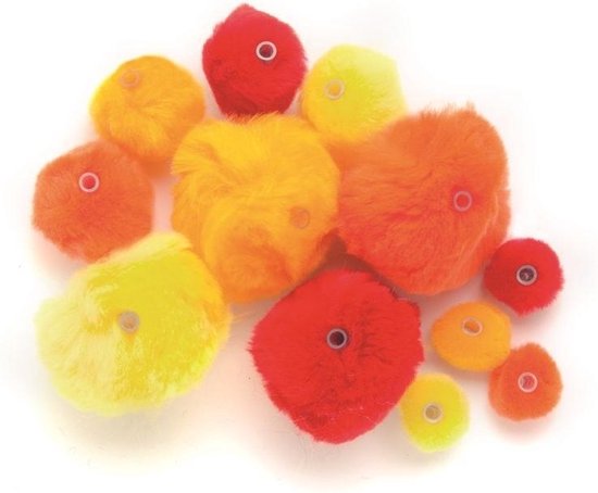 45 knutsel pompons met kunststof ogen rood /oranje/geel | bol