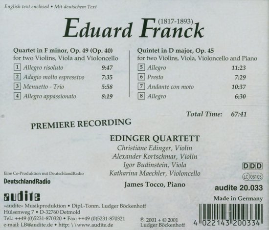 James Tocco & Edinger Quartett - String Quartet & Piano Quintet (CD ...