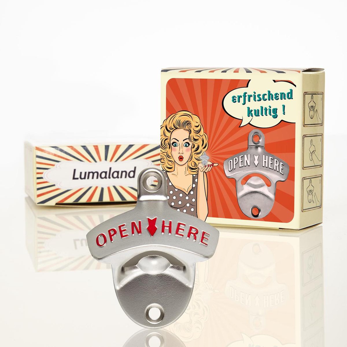Lumaland - Flessenopener - Flesopener voor aan de muur - OPEN HERE ...