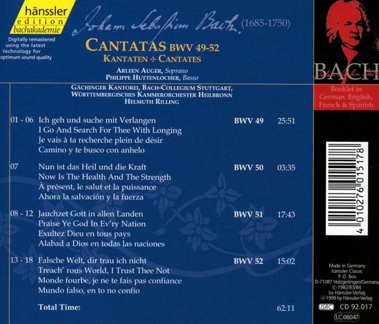 Bach-Ensemble, Helmuth Rilling - J.S. Bach: Cantatas Bwv 49-52 (CD ...