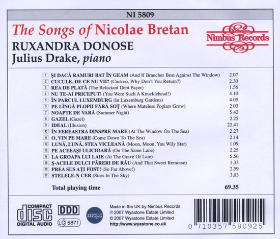 Ruxandra Donose & Julius Drake - Bretan: The Songs Of Nicolae Bretan ...