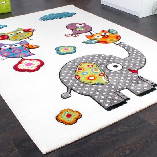 Trendy Kinder Vloerkleed Tapijt Olifant Uiltjes Wit 120 x 170 cm | bol.com