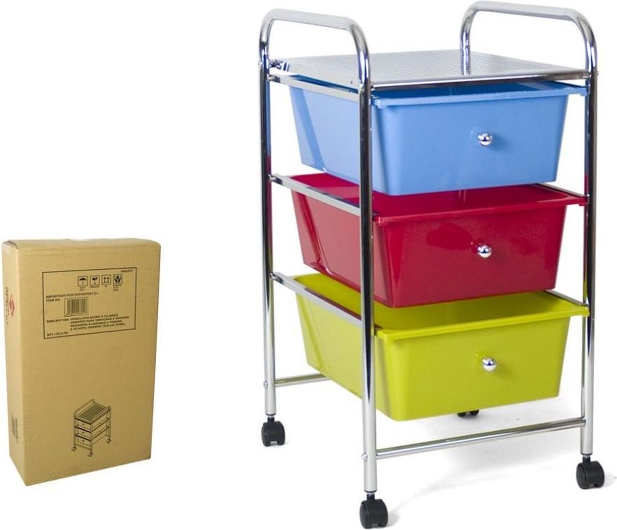 Trolley/kastje met 3 gekleurde lades en plank 36 x 60 cm van kunststof ...