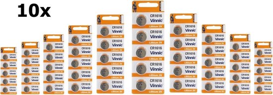 50 Stuks ( 10 Blister a 5st ) Vinnic CR1616 3v 50mAh lithium knoopcelbatterij | bol.com