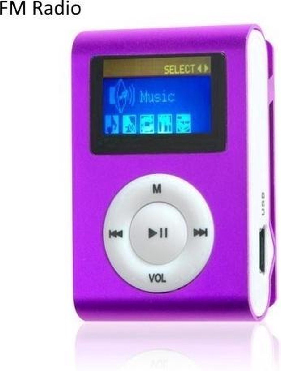Mini clip MP3 speler FM radio met display Paars en in-ear koptelefoon ...
