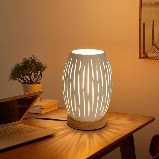 E27 Bedside Tafellamp met Houten Voet en Holle Metalen Kap ...