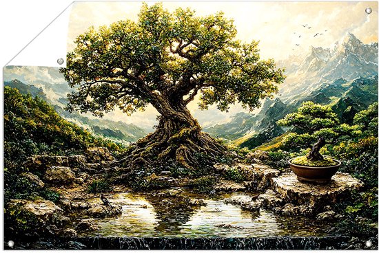 Boom in landschap met bergen - Natuur tuinposter - Tuinwanddecoratie ...