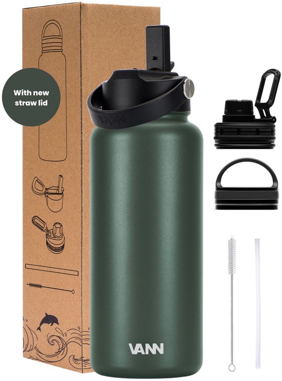 VANN® 3-Wandige RVS Drinkfles 1 Liter met rietje voor volwassenen – Met ...