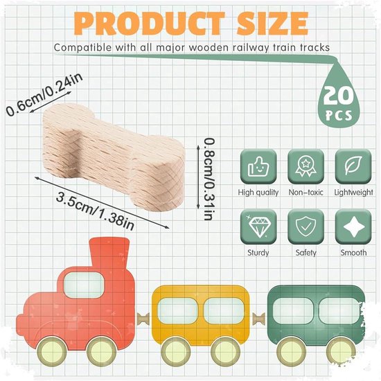 20 pieces wooden railway connector set - wooden dog bone track adapter ...