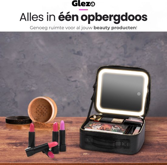 Gleza make up koffer meisjes & dames - maat S - met spiegel en LED lamp ...
