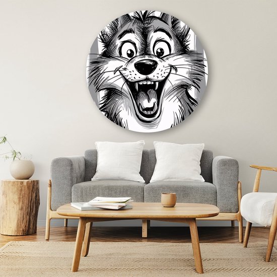 Speelse wolf lijntekening natuur - Wolf schilderij rond - Wandobject ...
