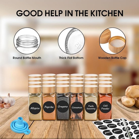 Set of 24 Square Glass Spice Jars with Labels, Shaker, Cleaning Brush ...