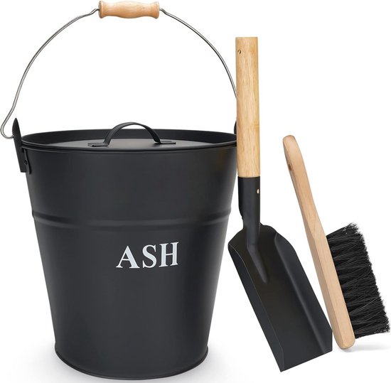 Metalen asblik met deksel, schop en bezem - 3,5 gallon voor haarden en ...