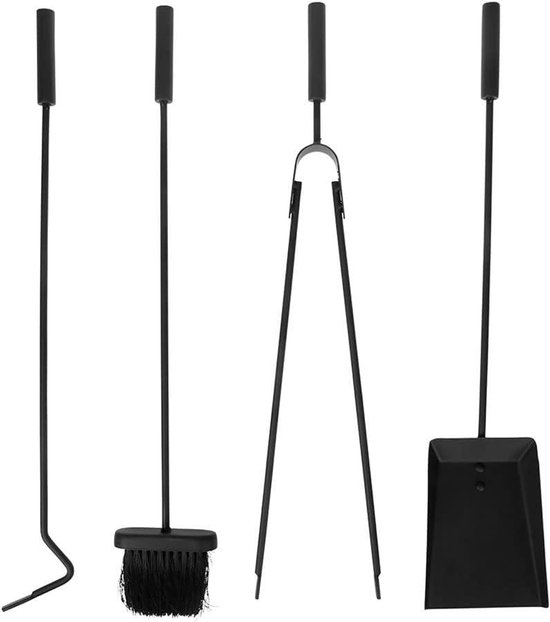 - Houten openhaardbestek - houder + 4 accessoires: schep, pookhaak ...
