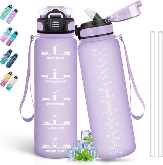 Waterfles 1 liter met rietje en tijdschaal voor sport en outdoor, paars ...