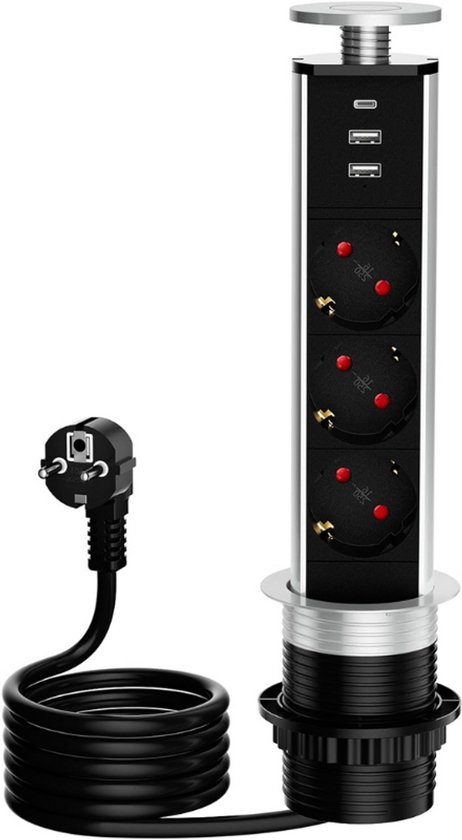 Intrekbaar Tafelstopcontact 3-voudig met USB-C – Voor Werkblad, Kantoor ...