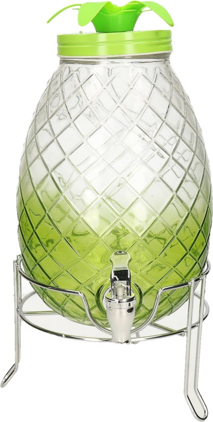 Limonade/drankdispenser ananas op verhoger - groen - 4,5 liter - glas - H40 x B19 cm | bol.com