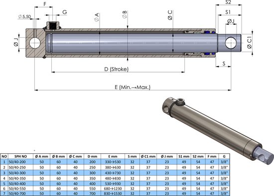Enkelwerkende hydraulische Cilinder plunjer compleet met bevestigingen ...
