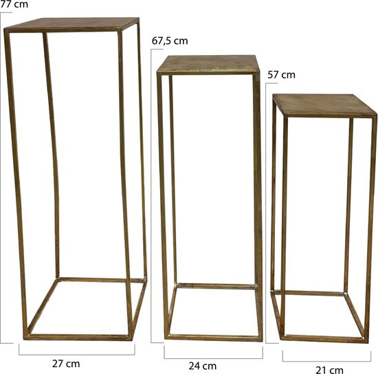 DKNC - Bijzettafel metaal Bruges - 27x27x77 cm - Set van 3 - Goud | bol
