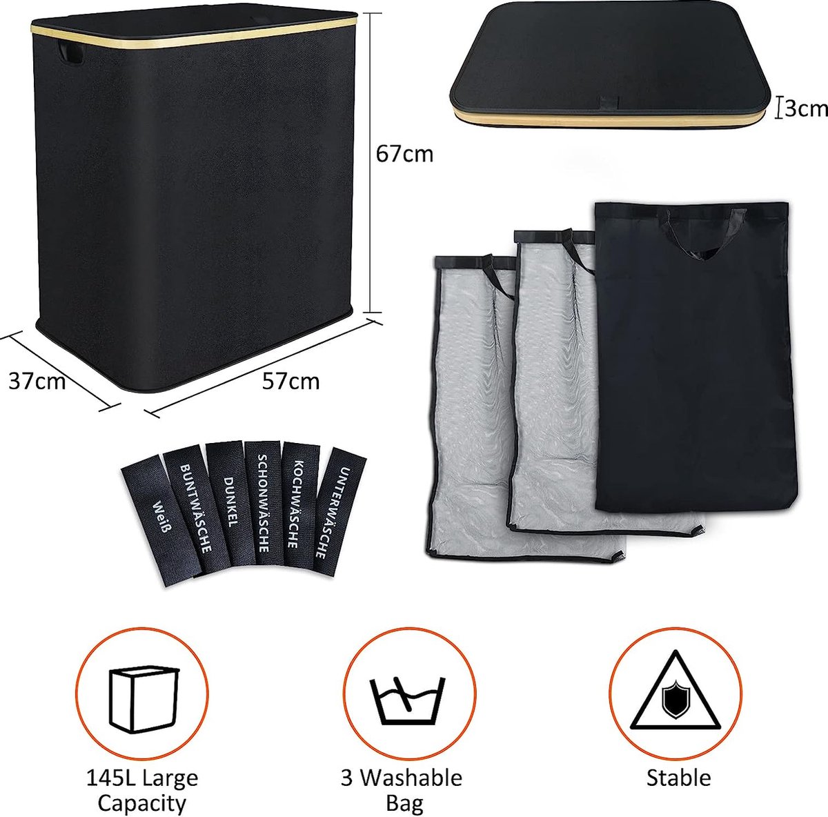 145L Wasmand met Deksel, Wasmand 3 Vakken, Wassorteerder 3 Vakken ...