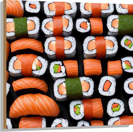 Hout - Patroon van Verse Japanse Sushi - 80x80 cm - 9 mm dik - Foto op ...