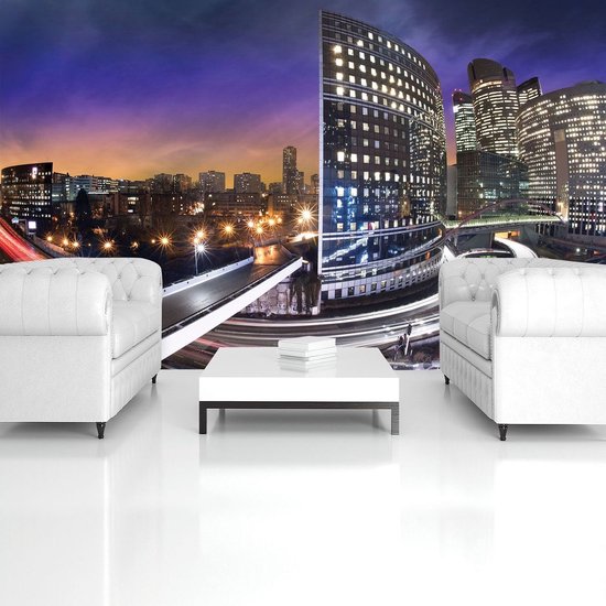Fotobehang - Vlies Behang - Grote Verlichte Stad in de Avond - 416 x ...