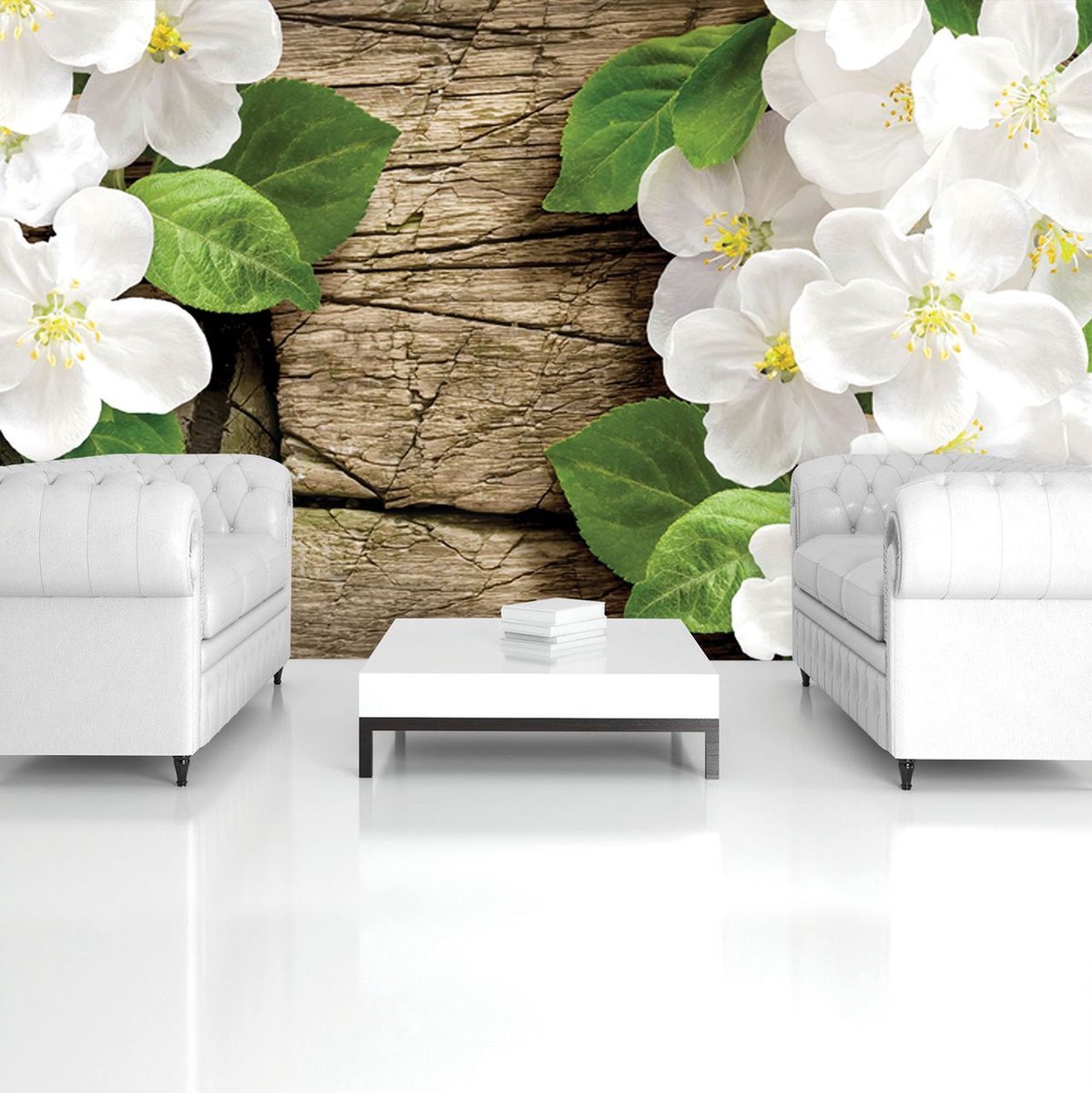 Fotobehang - Vlies Behang - Witte Bloemen op Hout - 416 x 254 cm | bol.com