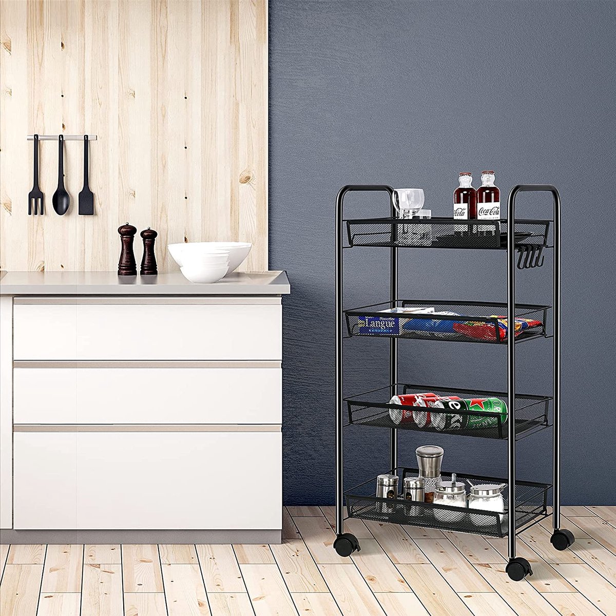 Trolley met 4 niveaus, keukentrolley 45 x 26 x 84 cm, opbergrek op ...