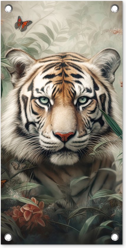 Tuinposter Tijger - Vlinders - Dieren - Jungle - Bloemen - 30x60 cm - Tuindoek -... | bol