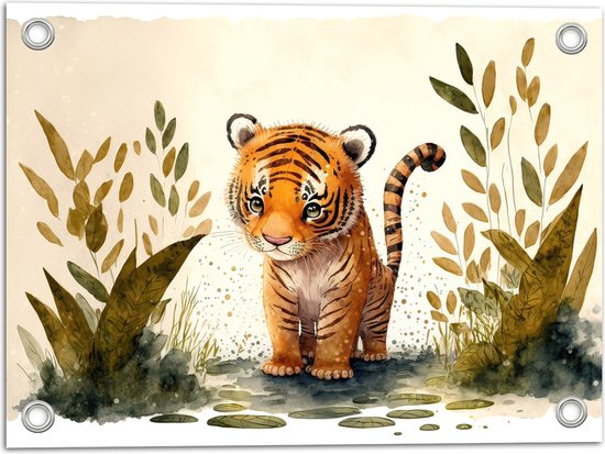 Tuinposter – Cartoon Tekening van Tijger Welpje tussen de Planten - 40x30 cm Foto op... | bol