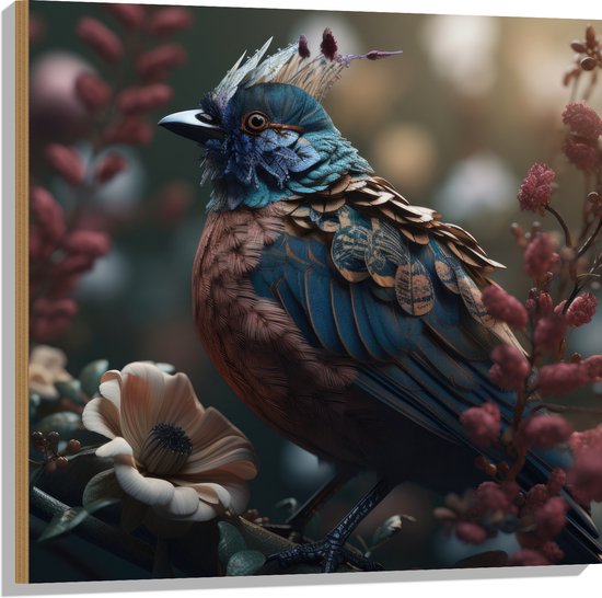 Hout - Blauwe Gaai Vogel met Kleurrijke Veren en Bloemen - 80x80 cm - 9 ...