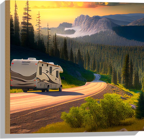 Hout - Camper door de Bergen op Weg naar Bestemming - 50x50 cm - 9 mm ...