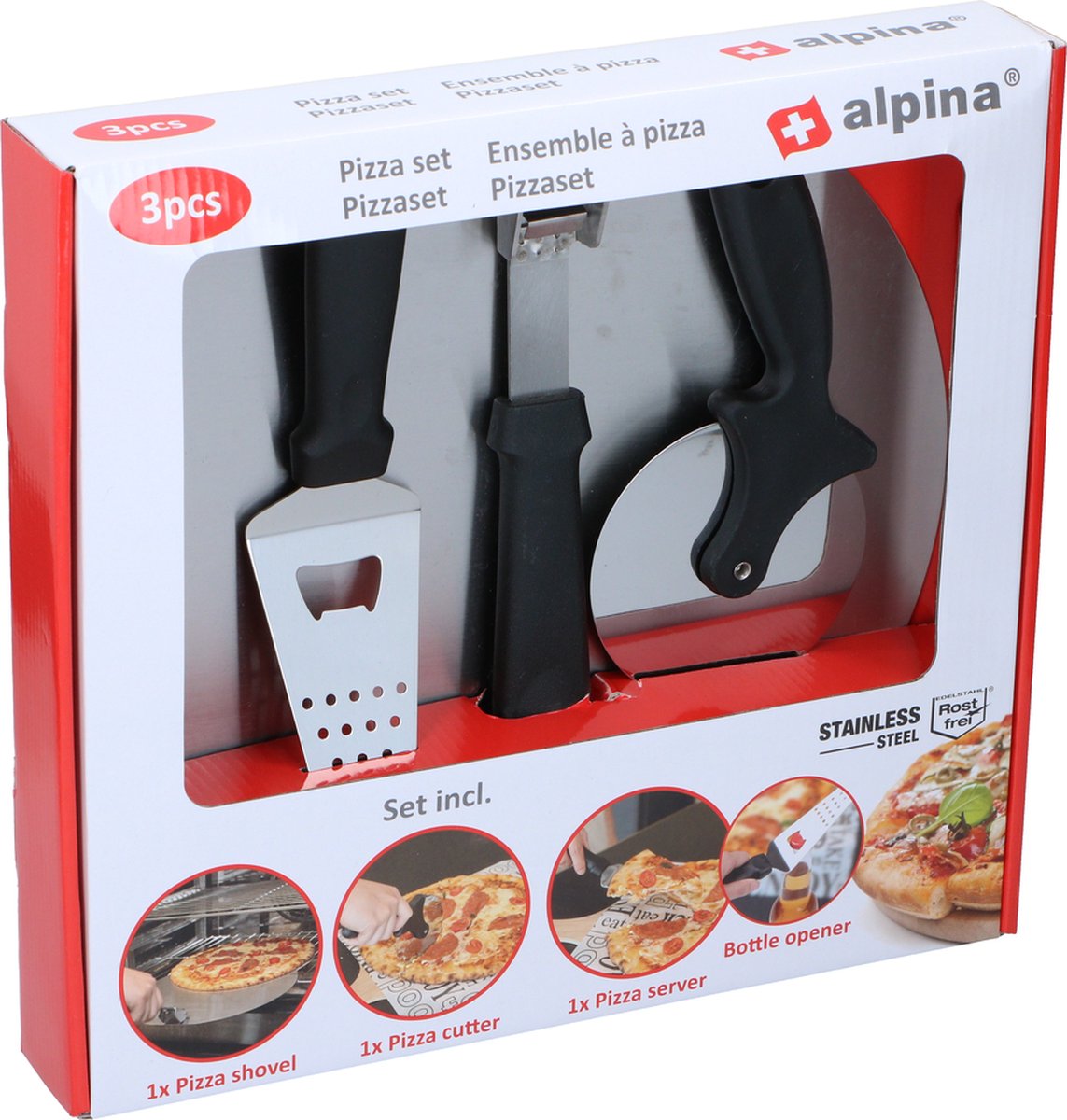 alpina Pizza Set - 3 Stuks: Schep/ Snijder/ Opschepper met Flessenopener - Roestvrij Staal | bol