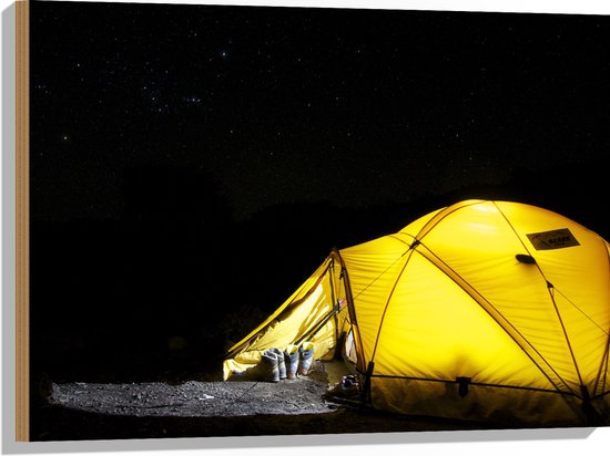 Hout - Tent - Sterren - Kamperen - Geel - Donker - 80x60 cm - 9 mm dik ...