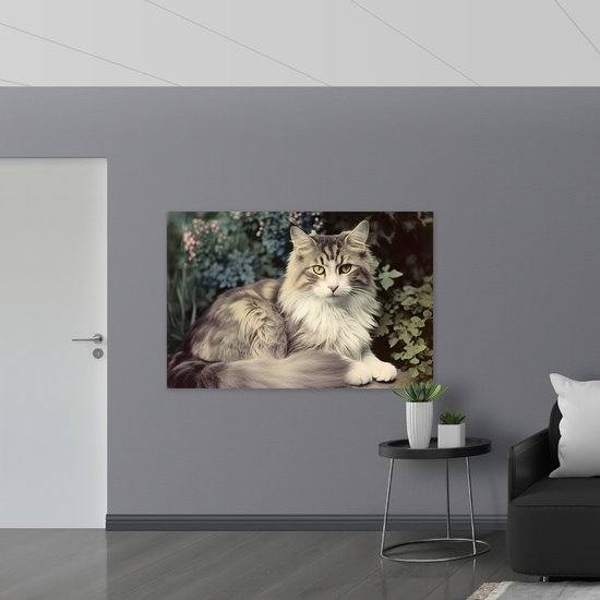 Vlag - Grijze kat met groene ogen in de natuur op een boomstam - 150x100 cm Foto op... | bol