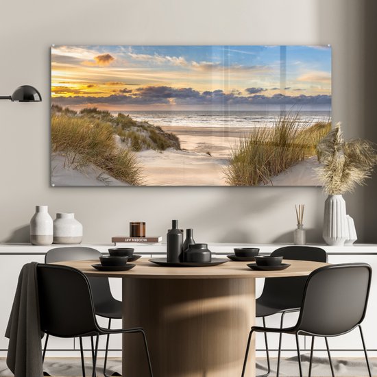Glasschilderij - Foto op glas - Strand - Zee - Zon - Duin - Wanddecoratie - 120x60 cm... | bol