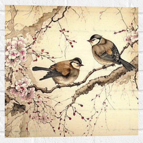 Muursticker - Tekening van Tak met Koolmeesjes en Roze Bloemen - 50x50 ...
