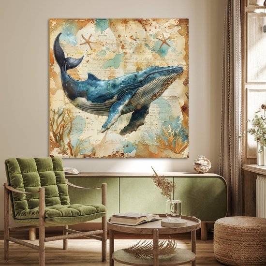 Poster 100x100 cm - Vintage - Walvis - Watercolor - Blauw - Zeedieren ...