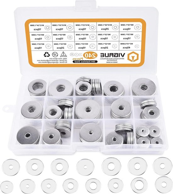 Platte Sluitringen Assortiment - 240 Stuks - M3 M4 M5 M6 M8 M10 M12 ...