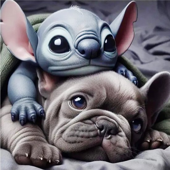 Diamond painting Stitch met franse bulldog 50x50 ronde steentjes | bol