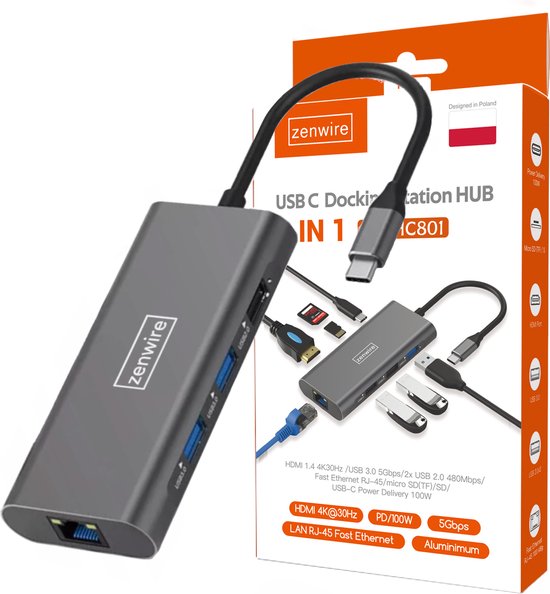 Zenwire 9in1 Docking Station - USB-C Adapter HUB - USB-C naar HDMI 4K ...